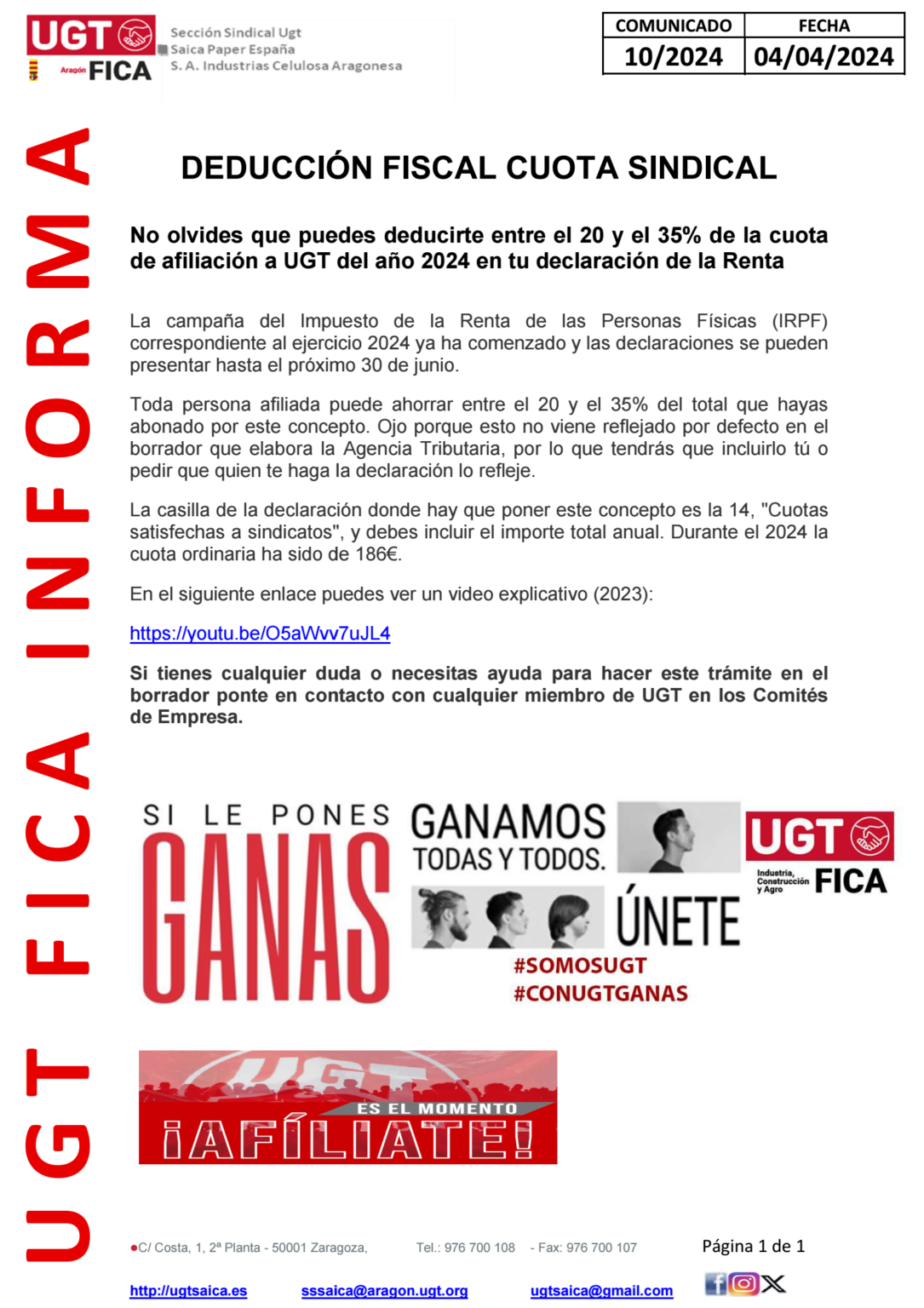 #ComunicadoUGTSAICA 10 2025: Deducción fiscal cuota sindical. – Web UGT ...